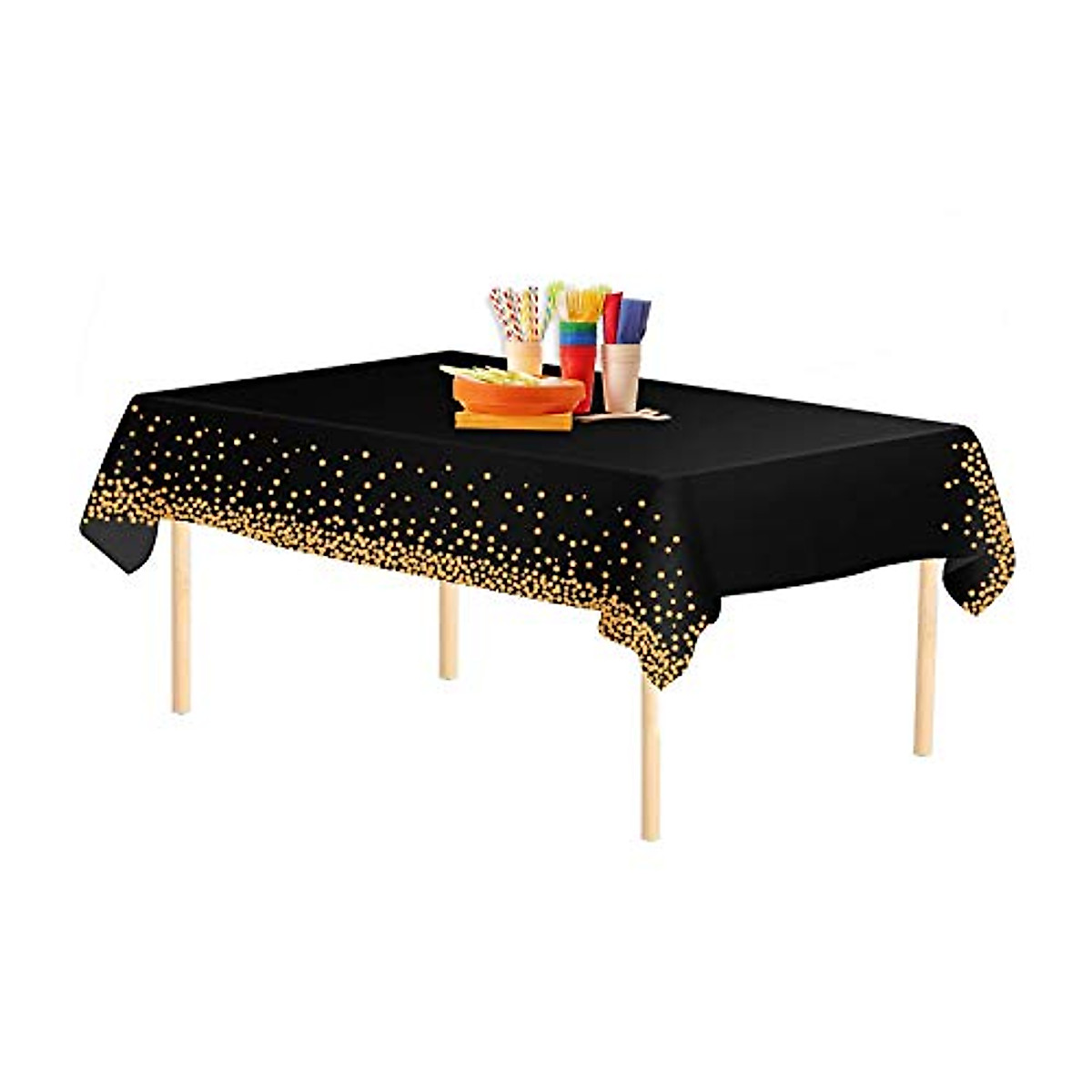 4 Pack Black Disposable Plastic Tablecloths 54x108 Inch Rectangle Table Cover with Gold Dot Confetti for Graduation, Birthday and Cocktail Party Anniversary Event