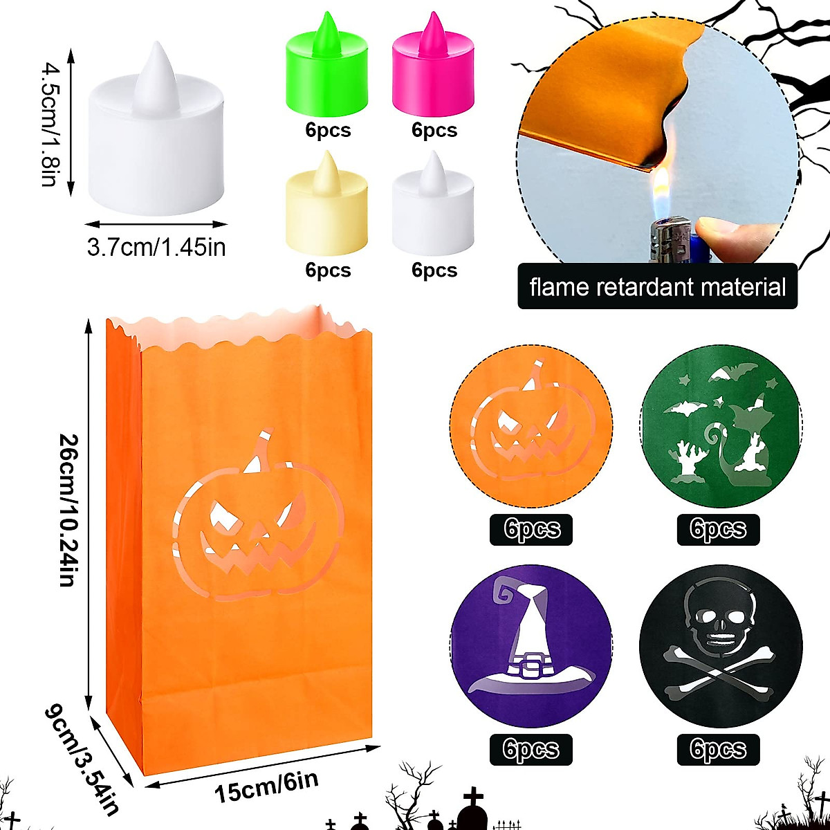 Meanplan 48 Pcs Halloween Luminary Bags with LED Light Candles Set 24 Pcs Luminary Candle Bags 24 Pcs LED Tealight Candles Ghost Lantern Bags for Halloween Outdoor Indoor Patio Decorations (Novel)