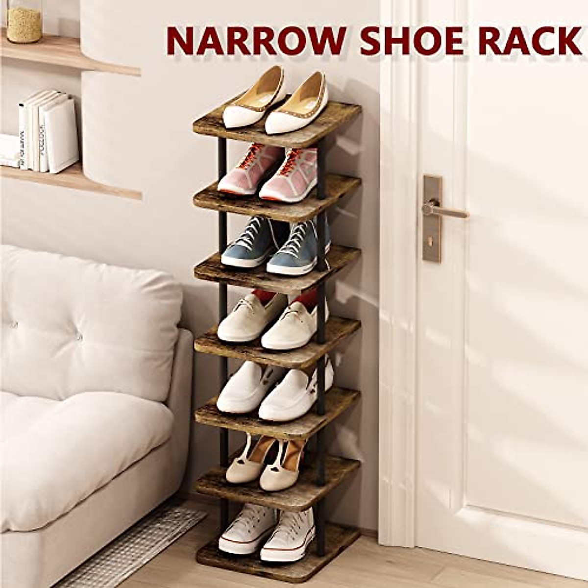 AZERPIAN Shoe Rack 7 Tier Vertical Storage Organizer Narrow Metal Slim Shelf Modern Free Standing Shoe Tower Saving Space for Closet Entryway Bedroom,Black+Rustic Brown