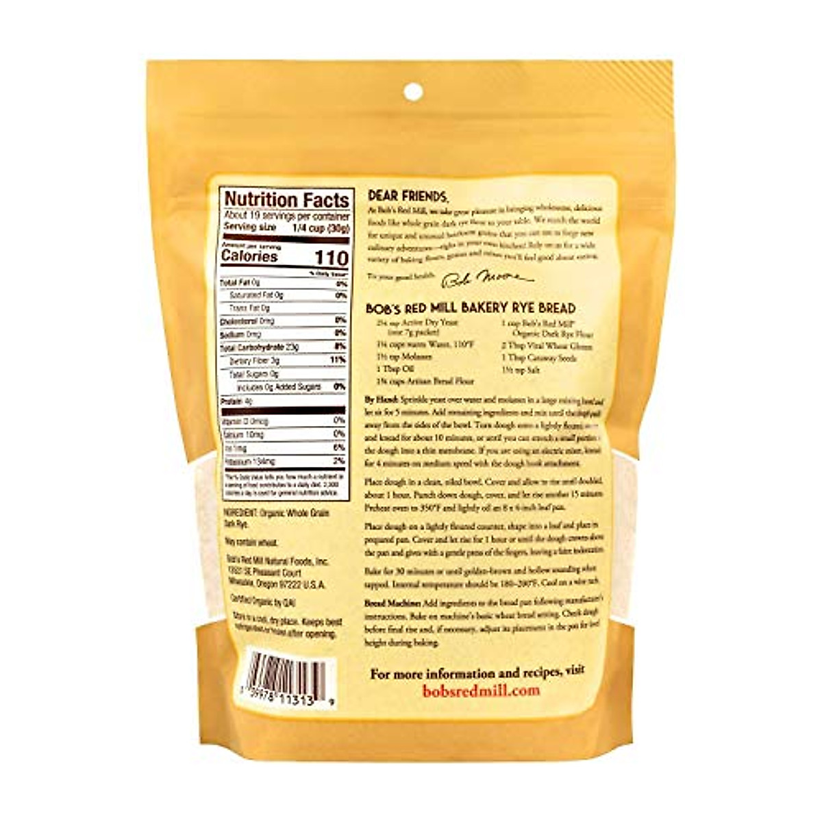 Bob's Red Mill 2 Organic Dark Rye Flour - 2 20 Ounce (1.25 lbs) Stand Up Resealable Bags
