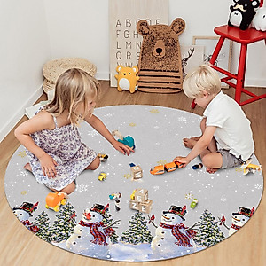 Grey Christmas Area Rug Carpet for Kids Teen Girls Boys Bedroom, Living Room, Washable Outdoor Indoor Accent Throw Runner Floor Mat Area+Rug Winter Snowman Gold Snowflake Tree 3FT(Round)
