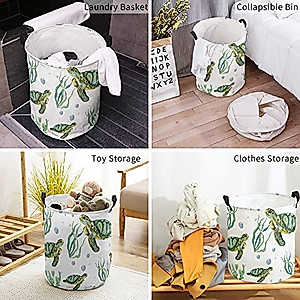 Sea Turtle Freestanding Laundry Basket with Handles, Collapsible Waterproof Large Laundry Hamper for Baby Nursery Kids Room Dorm Storage, Underwater World Ocean Animal Aquatic Plant