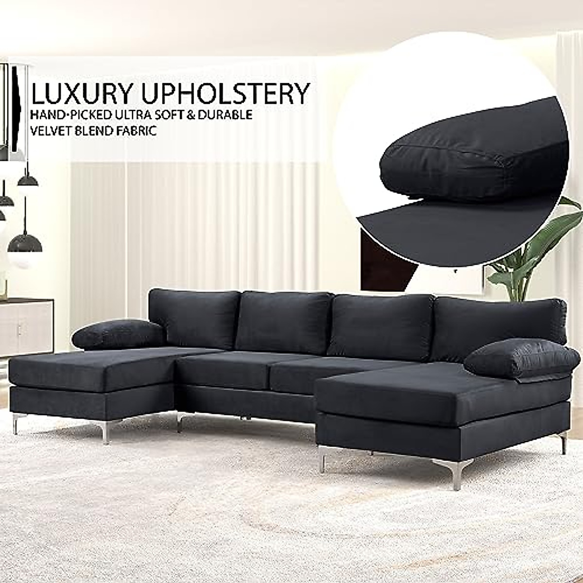 Casa Andrea Milano Modern Large Velvet Fabric U-Shape Sectional Sofa, Double Extra Wide Chaise Lounge Couch