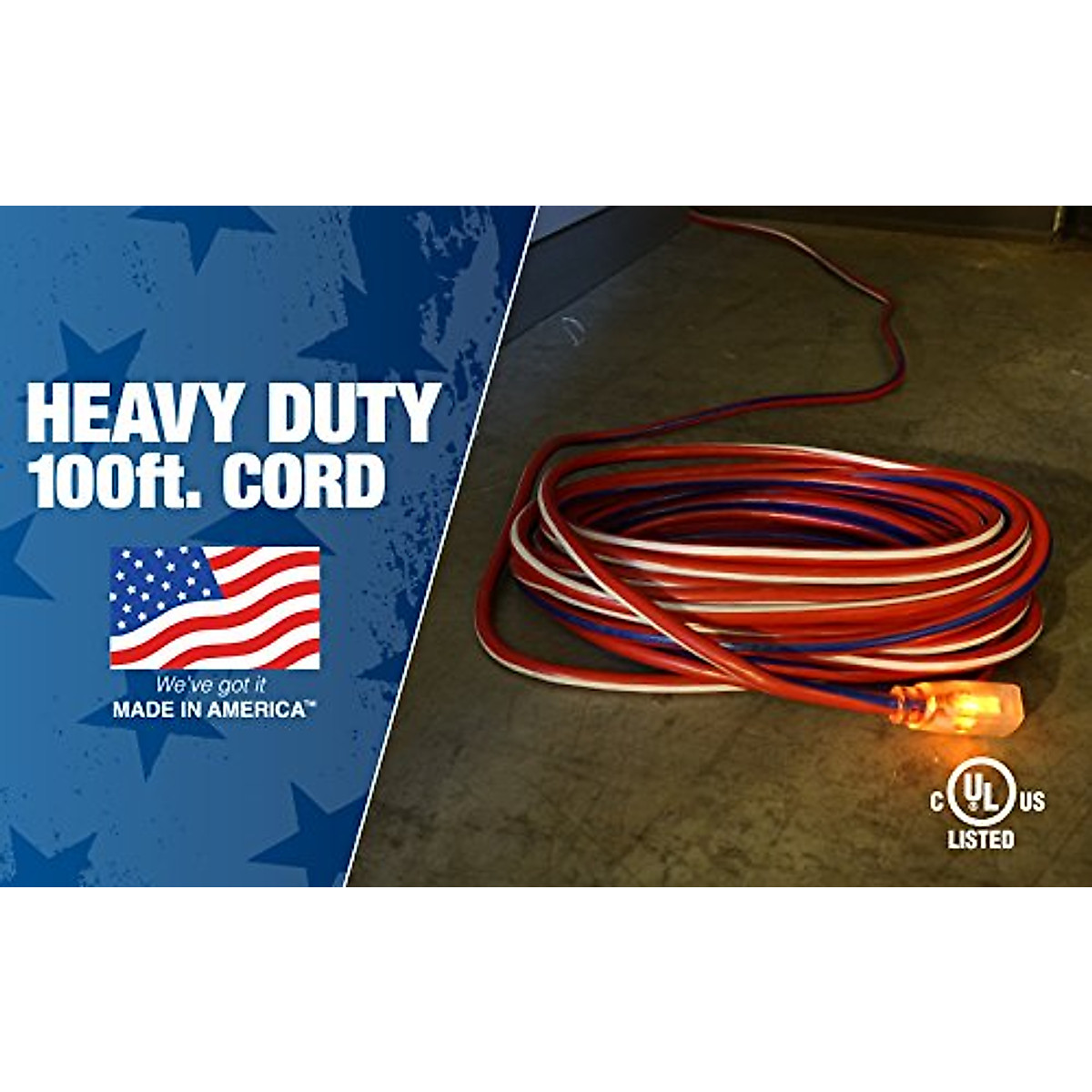 Southwire 2549SWUSA1 100-Feet; Contractor Grade; 12/3 Extension Cord; With Lighted End; Red White And Blue; American Made Extension Cord; Indoor and Outdoor Use; Water Resistant Flexible Jacket