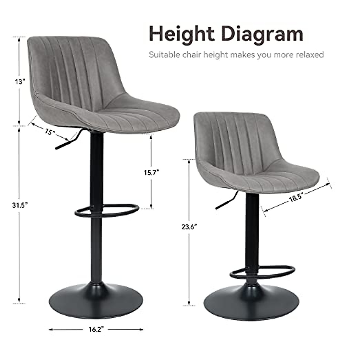 Nalupatio Bar Stools Set of 2 Adjustable Counter Height Morden Swivel Bar Stools with Backs Performance Fabric Seat Island Chairs for Home Kitchen Dark Grey