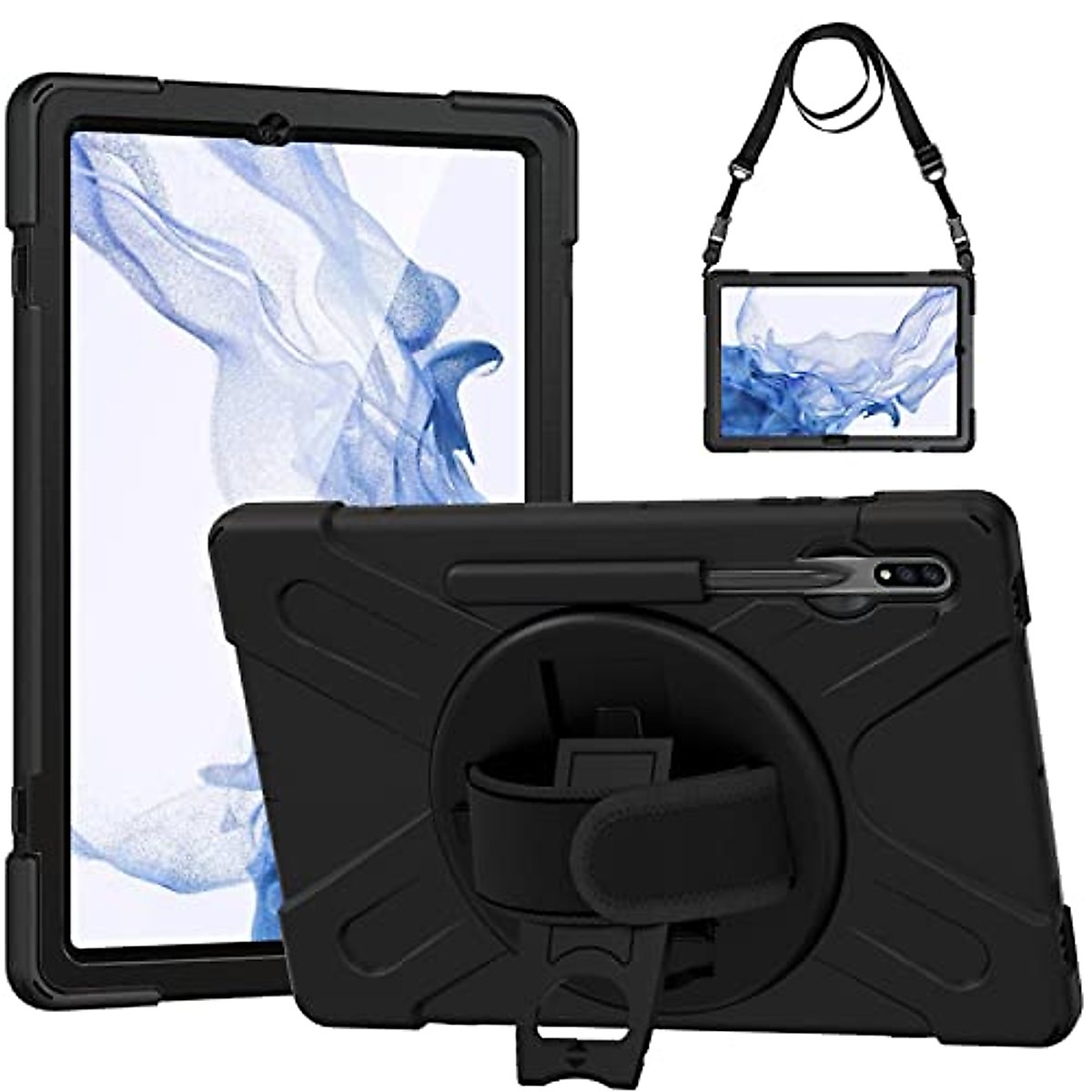 Gerutek Galaxy S7FE/S8 Plus/S7 Plus 12.4" Case 2022/2020, 3-Layer Shockproof Structure Samsung Galaxy S8+ /S7+ Tablet Case with Pen Holder, Rotatable Kickstand, Shoulder/Hand Strap, Black