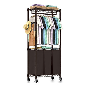Hodonas Laundry Sorter 3 Section with Hanging Bar, Rolling Laundry Hamper Cart 3-Bag Laundry Basket Organizer Sorter with Hanging Rack Lockable Wheels and Removable Bags for Clothes Storage, Espresso
