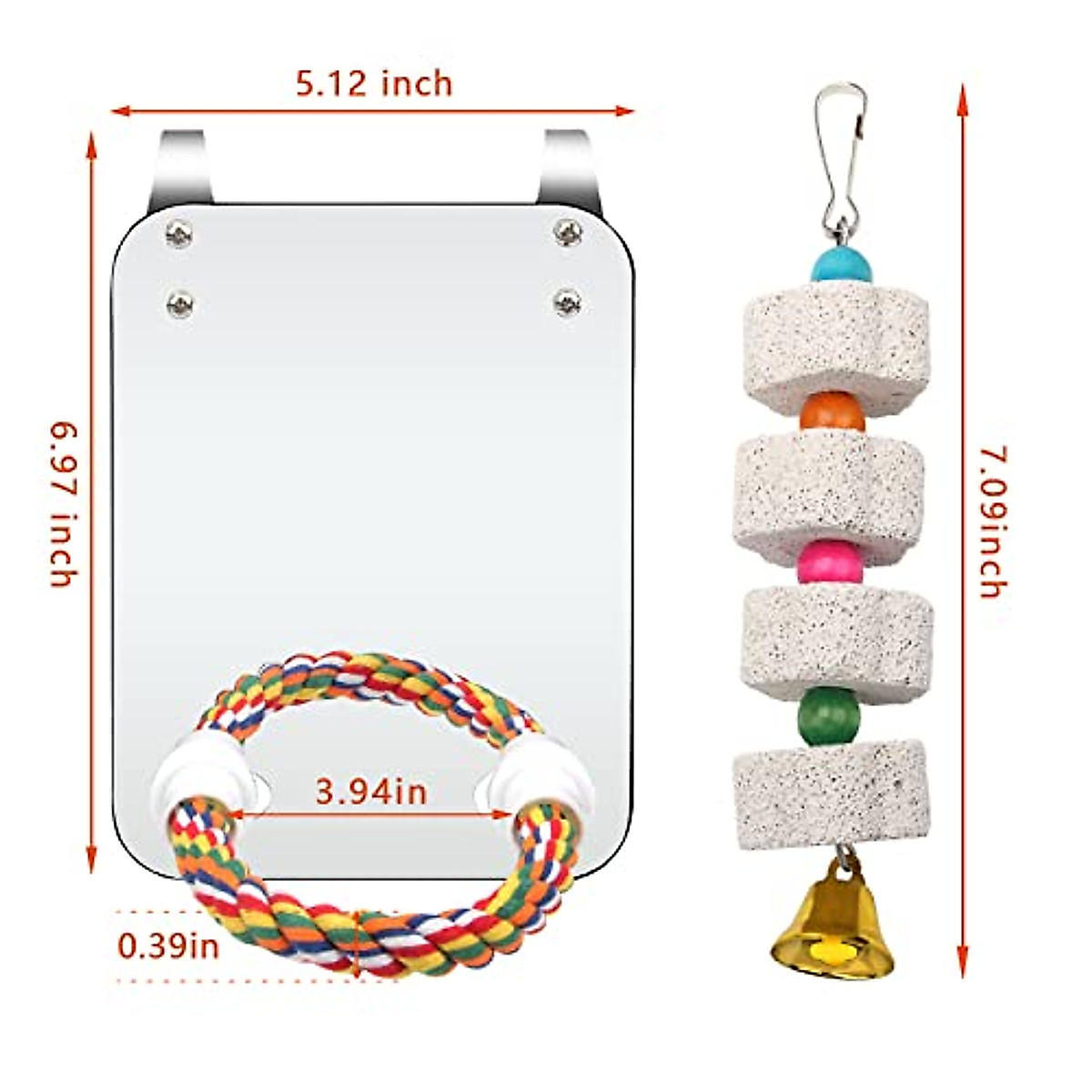 Catcan Bird Cage Mirror, Bird Mirror with Perch Rope for Cage Cockatiels Cotton Rope Standing Bar Parrot Mirror with Parrot Molar Toy Pendant