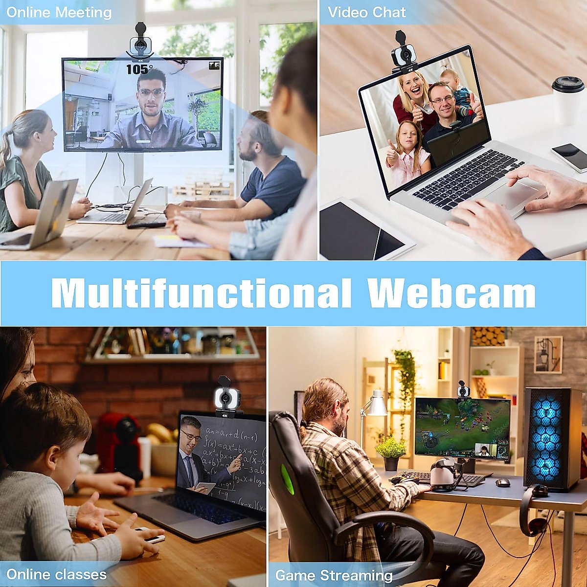 2021 New Version 4K Upgraded Webcam with Adjustable Fill Light and Privacy Cover USB Camera with Microphone Wide Screen Pro Streaming Desktop Laptop Mac Webcam for Face Time Streaming and Conferencing
