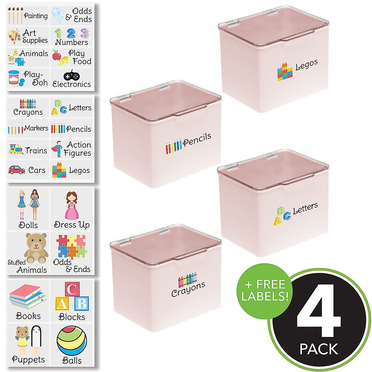 mDesign Plastic Stackable Storage Organizer Toy Box with Lid for Action Figures, Crayons, Markers, Building Blocks, Puzzles, Craft or School Supplies - Pack of 4, Includes 32 Labels - Light Pink/Clear
