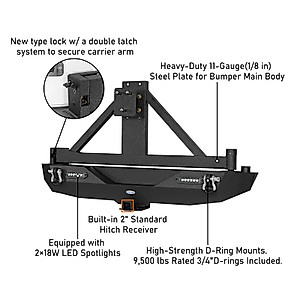 u-Box Wrangler JK Rear Bumper w/Spare Tire Carrier & Receiver Hitch & 2X LED Floodlights for Jeep Wrangler JK & JKU 2007-2018 - Different Trail