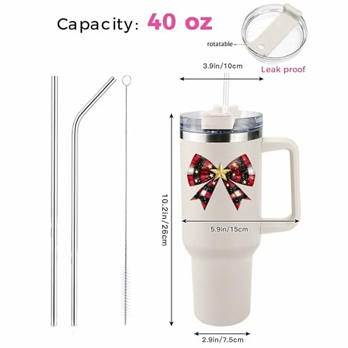 LB LEOBON 40 ounce insulated cup with handle, double-layer vacuum stainless steel material, equipped with straw, can keep warm or maintain cold drinks Red and Black Plaid Bow white