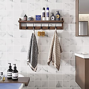 AMBIRD Wall Hooks with Shelf 28.9 Inch Length Entryway Wall Hanging Shelf Wood Coat Hooks for Wall with Shelf Wall-Mounted Coat Hook Rack with 5 Dual Hooks for Bathroom, Living Room, Bedroom (Brown)