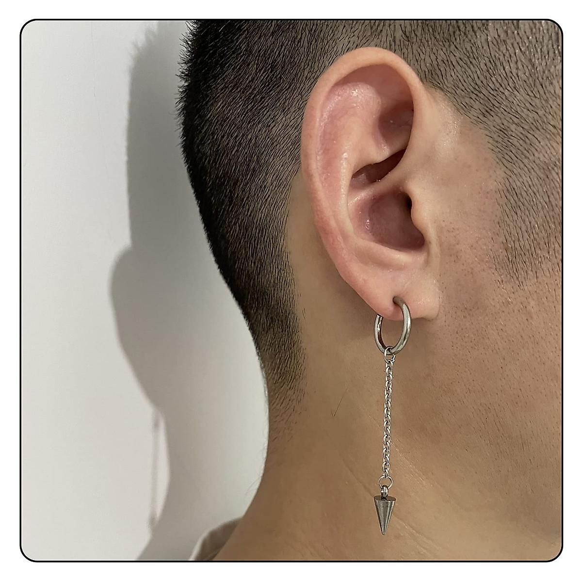 Fusamk Punk Rock Stainless Steel Cone Circle Hoop Earrings Long Chain Drop Dangle Earrings