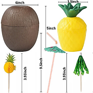 Haundry 18 Coconut Pineapple Cups with 18 Straws, 18 Cocktail Drink Picks, Hawaiian Luau Tiki and Beach Theme Party Decorations for Kids and Adults