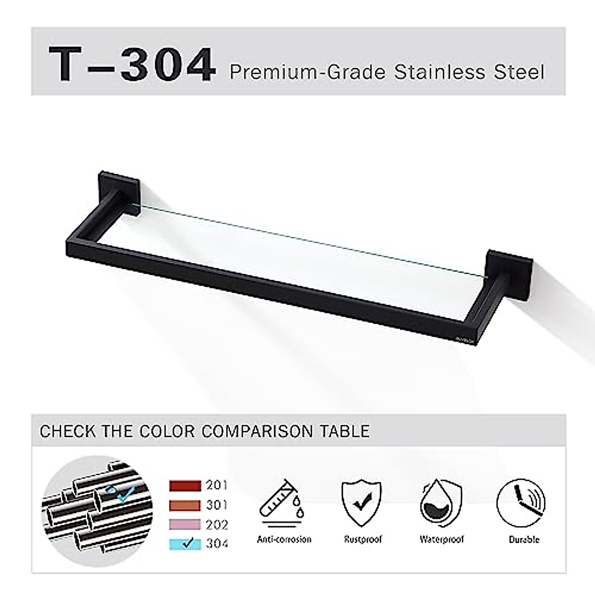 BUVELOT Bathroom Shelf,22.32 Inch Large Glass Shelf, 8mm Extra Thick Tempered Clear Glass Shelves Modern Rectangular,Matte Black,071090-MB