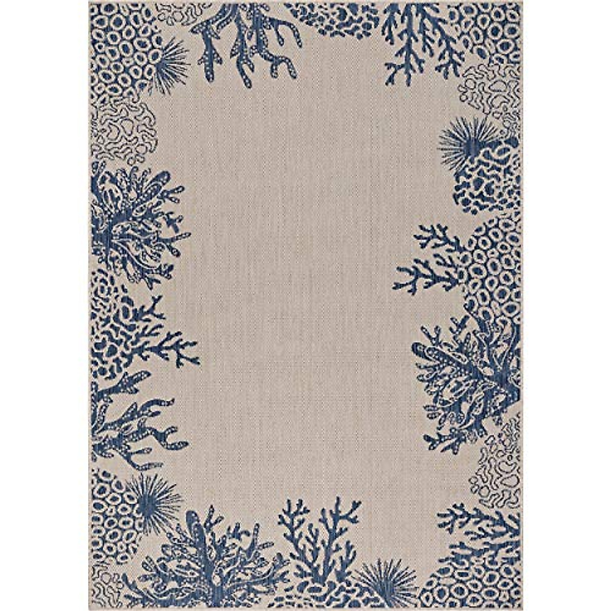 Lr Home Ox Bay Seamas Coastal Bordered Coral Reef Indoor/Outdoor Rug, White/Navy, 1'10" x 3'0"