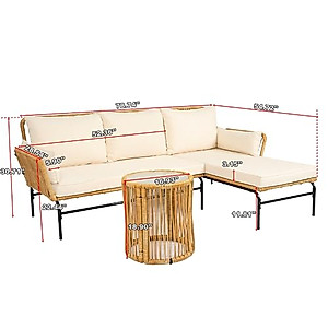 ojhnbvv 3 Pieces Outdoor Patio Wicker Furniture Sets Table and Chairs,L-Shaped Wicker Sectional Sofa with Glass Coffee Table/Detachable Cushion,for Backyard, Porch,Garden