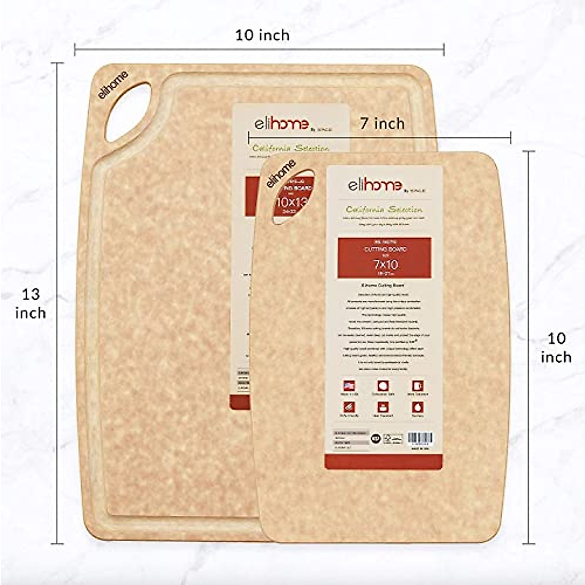 Elihome Kitchen Cutting Boards 2-piece set, Natural Wood Fiber Composite, Dishwasher Safe, Eco-Friendly, Juice Grooves, Non-Porous, Made in USA, Medium (10"x 13"x 1/4”) Small (7" x 10" x 1/4")