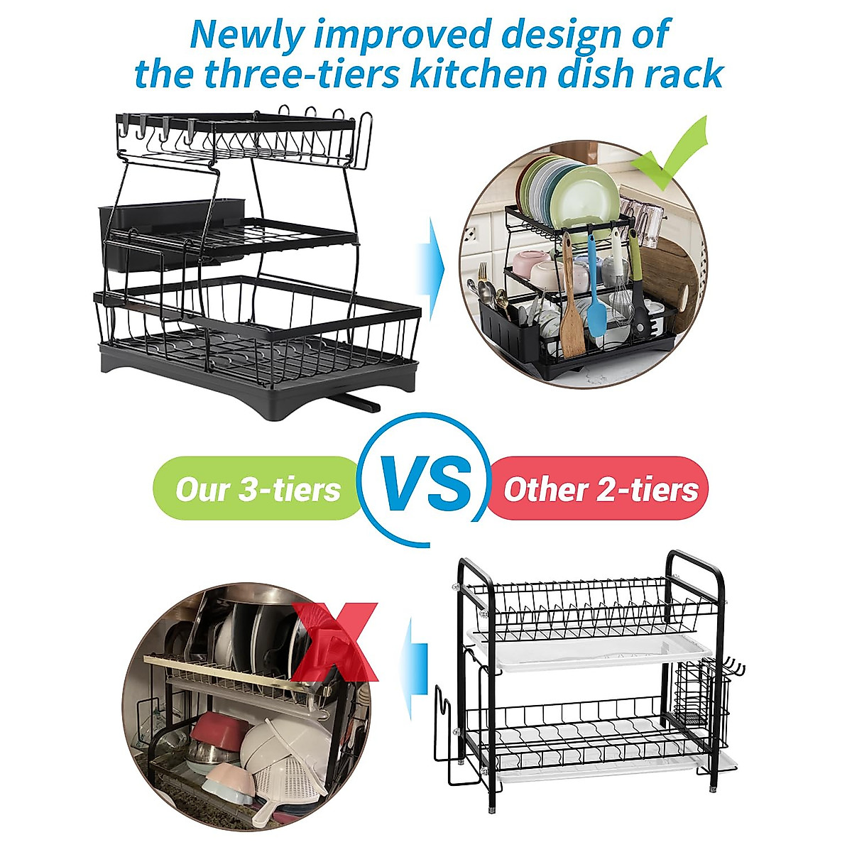 3 Tier Dish Drainer Rack for Kitchen Counter, Large Capacity Dish Drying Rack with 360° Rotating Drainboard, Dish Drainers for Kitchen Sink, Countertop Large Detachable Stainless Steel Dish Rack