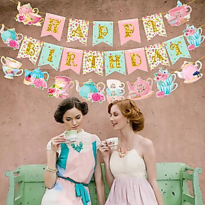 Floral Tea Happy Birthday Party Banner Tea Party Hanging Decorations 3Pcs Tea Cutout Banners Teapot Banners for Afternoon Tea Time Theme Baby Shower Supplies