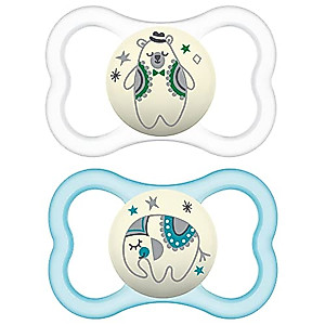 MAM Air Night Pacifiers , MAM Sensitive Skin Pacifier 6+ Months, Glow in the Dark Pacifier, Best Pacifier for Breastfed Babies, Unisex Baby Pacifiers, 2 Count (Pack of 1), Designs May Vary