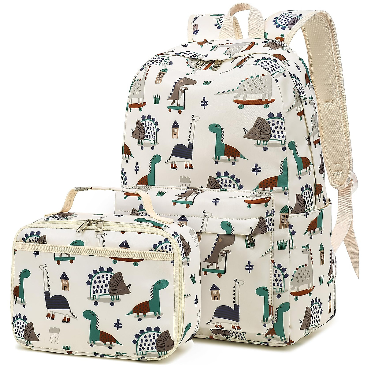 LEDAOU Kids School Backpack with Lunch Box for Boy Kindergarten BookBag School Bag Preschool Kindergarten Toddler Backpack (Dinosaur Beige)