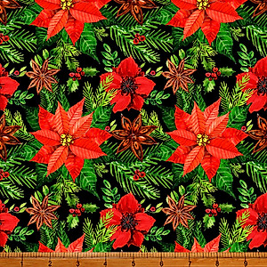 Christmas Fabric by The Yard Poinsettias Black Fabric Happy Holly Days Fabric 1 x 1 Yard Christmas Fabric Pre-Cut Fat Quarter Bulk Fabric for DIY Sewing Apparel Crafting Decor