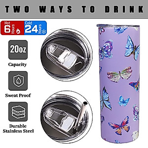 IchDich Butterfly Tumbler With Lid and Straw - 20 oz Insulated Purple Stainless Steel Skinny Tumbler Water Bottle Travel Mug Wine Cups Gifts for Women