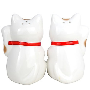 Maneki Neko Lucky Cat, Magnetic Salt and Pepper Shakers, Housewarming Gift and Home Decor, 2.25 by 3.75 Inches