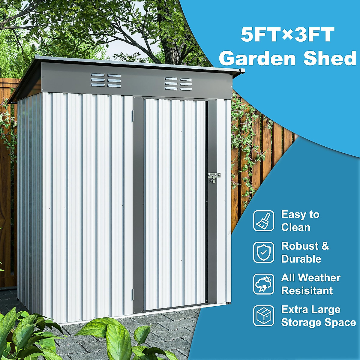 Large Metal Outdoor Storage Shed, Backyard Storage Room 5 'x 3 Feet, Galvanized Metal Storage Shed for Outdoor Garden Shed Storage Shed Large、 Lawn, Terrace, White