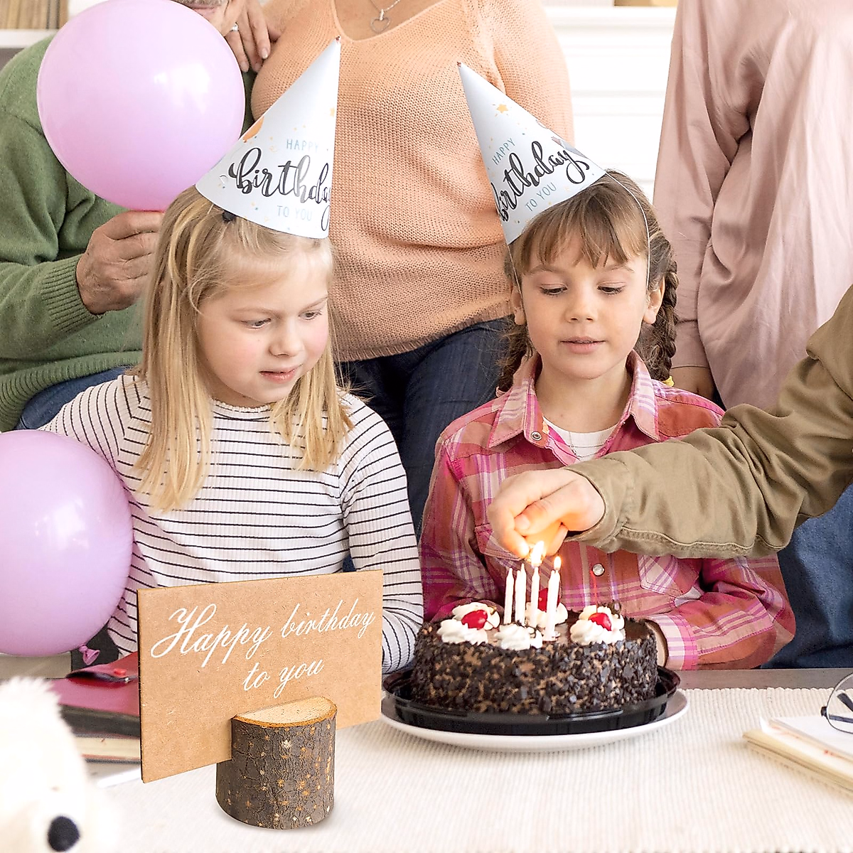 10 Pieces Rustic Wood Place Card Holders with 20 Kraft Tented Place Cards, Natural Log Table Number Stands Food Labels Dinner Decor for Weddings, Birthday, Thanksgiving Day, Christmas Party Supplies