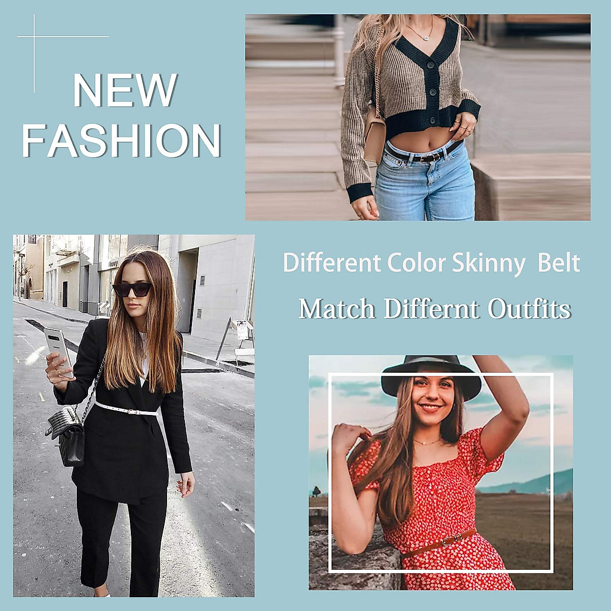 Ladies Skinny Thin PU Leather Dress Fit WaistBelt for Jeans with Gold Alloy Buckle(Black+Brown+White,Fit Waist Size 31-37 Inches)