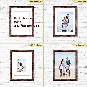 Q.Hou 11x14 Picture Frames Wood Patten Rustic Brown Set of 2, Each Frame with 2 Mats,Display A4 or Five 5x7 Photos with Mat & 11x14 Picture Without Mat for Wall Mount (QH-PF11X14-BR)