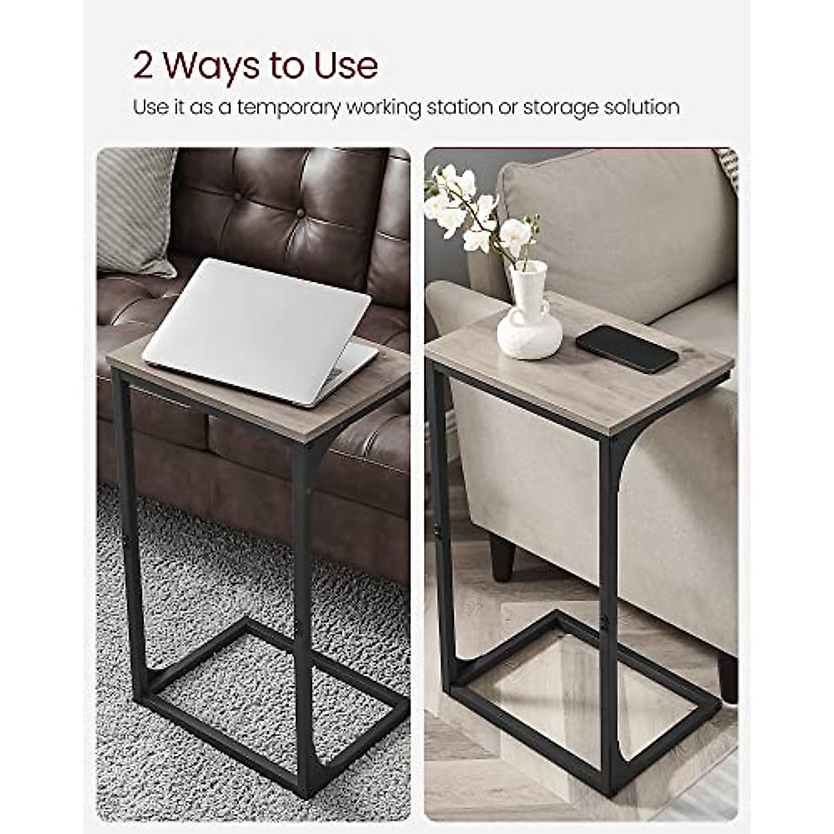 VASAGLE C-Shaped End Table, Side Table for Sofa, Couch Table with Metal Frame, Small TV Tray Table for Living Room, Bedroom, Greige and Black
