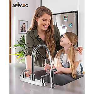 APPASO Kitchen Faucet with Side Sprayer, 2-Handle High Arch SUS304 Stainless Steel Brushed Nickel Kitchen Faucet with Pull-Out Side Spray for RV Laundry Utility Bar, 8-in 4-Hole Installation