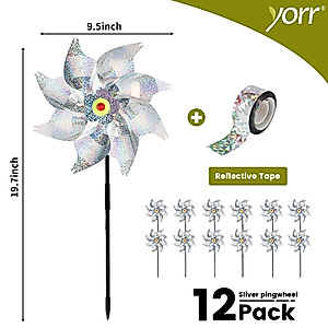 12Pack Pinwheels for Yard and Garden, Reflective Pinwheels to Scare Birds Away, Sparkly Sliver Pin Wheels with Bird Scare Tape for Outside (Pack of 12)