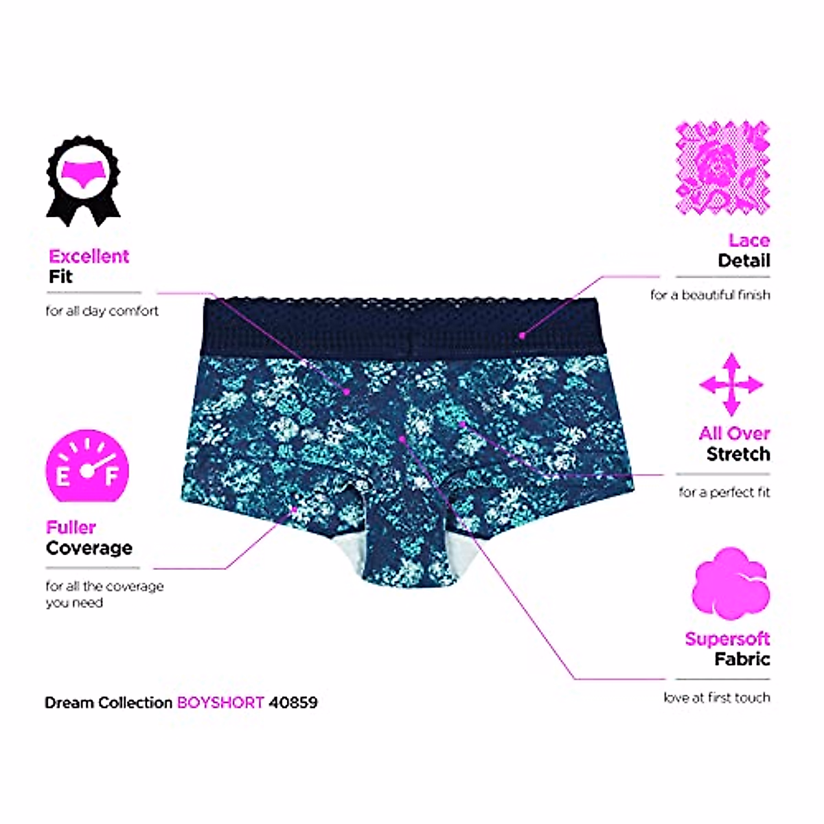 Maidenform Women's Dream Cotton with Lace Boyshort, Navy, 8