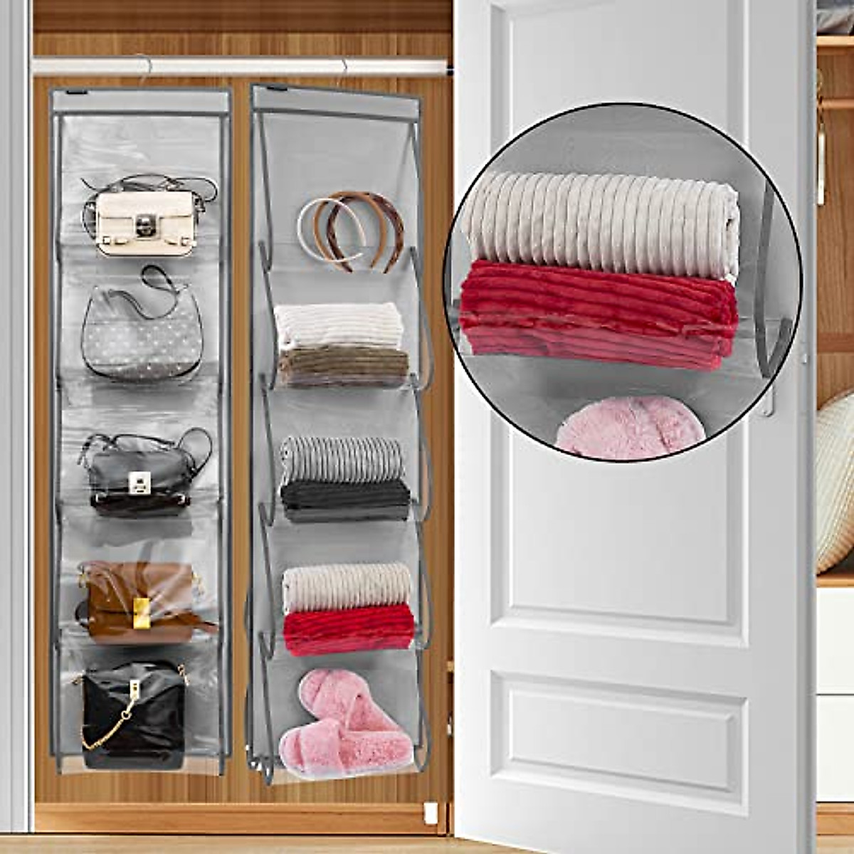 ANZORG 1 Pcs Dual Sided Hanging Handbags Organizer Closet Shoe Holder with 10 Large Pockets Storage for Towel Scarf Clothes (GREY)
