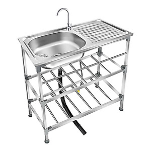 KARFER Utility Sink, Free Standing Single Bowl Commercial Restaurant Kitchen Sink with Storage Shelve and Workbench for Garage Restaurant Kitchen Laundry Room