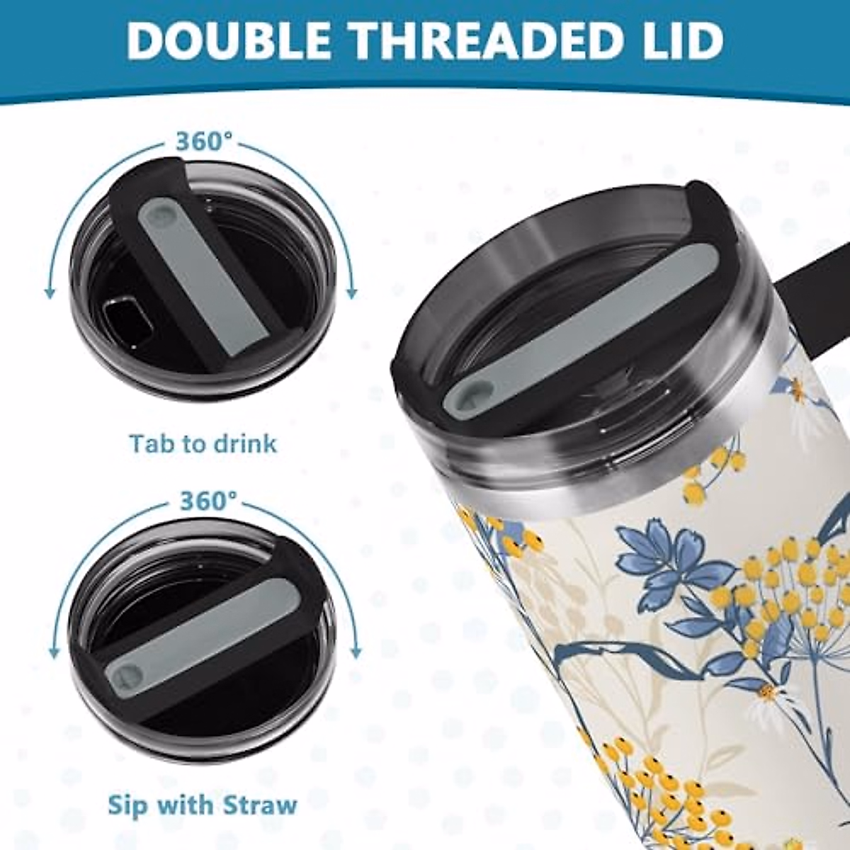 Yasala Car Tumbler with Handle Wildflowers Travel Mug Coffee Cup Insulated Beverage Container Mega Cup for Hot Cold Drinking Thermos Water Bottle Cupholder Friendly 40 oz