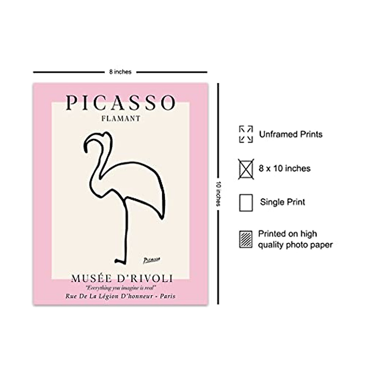 Pablo Picasso Poster 8x10 - Mid-Century Modern Decor - Minimalist Room Decor - Abstract Wall Art - Gallery Wall Art - Pink Flamingo Decor - Line Art Wall Decor - Museum Poster - Tropical Beach House