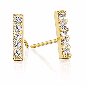 14K Solid Gold Cubic Zirconia Pave CZ Dainty Mini Bar Studs, Small Linear Bar Fine Jewelry Women's Stud Earrings (Yellow Gold)