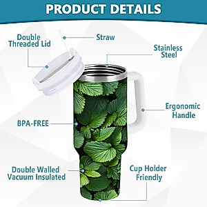 Jihqo Strawberry Leaves 40 oz Stainless Steel Vacuum Insulated Tumbler with Handle and Straw Lid, Leakproof Water Bottle Double Wall Travel Mug Coffee Cup, Cupholder Friendly