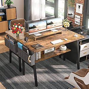 55 Inch Computer Desk, Desk with Monitor Stand, 55.2'' Office Laptop Table with Bookshelves, Study Writing Desk with Storage Bag and Hooks, Sturdy Desk for Home Office Workstation, Rustic