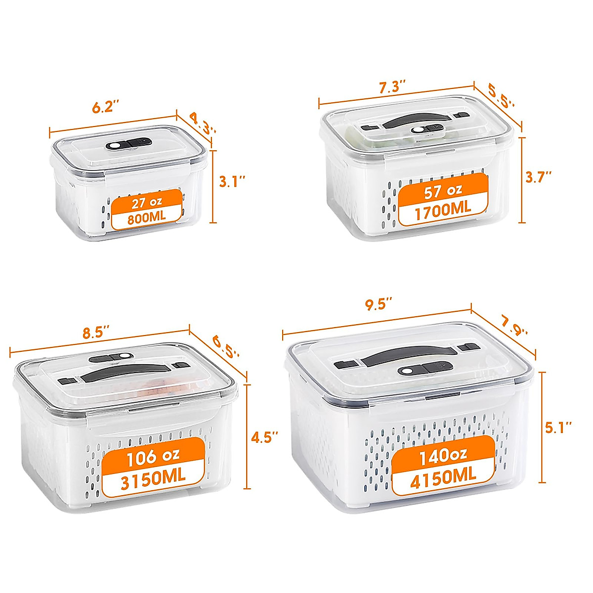 GSAFEME 4 PCS Large Fruit Containers for Fridge with Handle - Leakproof Food Storage Containers with Removable Colander for Salad Berry Lettuce Vegetables Meat Keeper