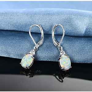 18K White Gold Plated Created Opal and Cubic Zirconia Dangle Earrings for Women