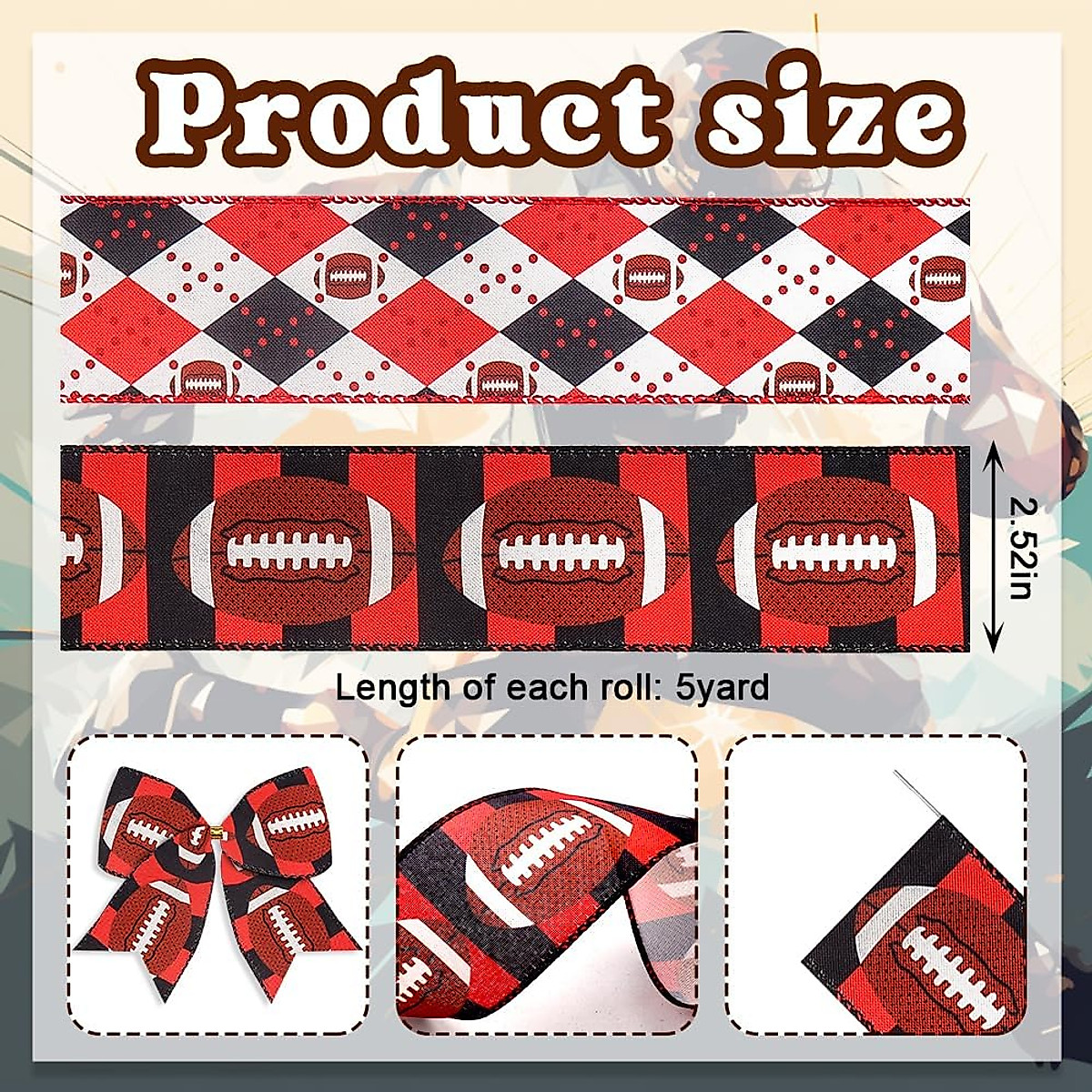 Hying 2 Rolls Football Ribbons for Wreath Bows, Sports Rolls Ball Wired Edge Ribbons Black Red Burlap Ribbon Football Craft Ribbons for Gift Wrapping Football Theme Party Supplies