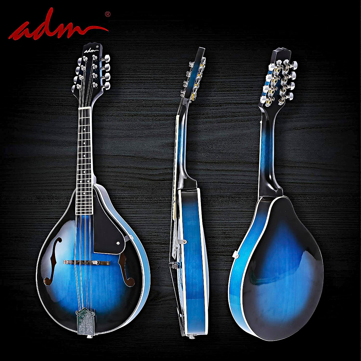 ADM Acoustic Mandolin Instrument Kit Music A Style for Kids Students Adults Wood Mandolins Beginner Set With Bag, Tuner, EQ, Strap, Strings, Picks and Hanger, Blue