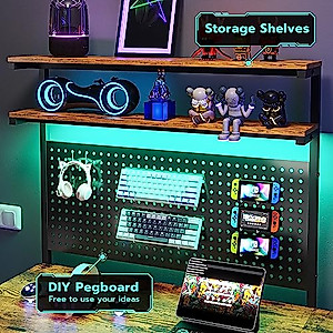 SEDETA L Shaped Gaming Desk with LED Lights and Drawers, Gaming Desk with Hutch & Pegboard, Computer Desk with Monitor Stand, Storage Shelves, Home Office Desk Corner Desk, Gaming Table, Rustic Brown